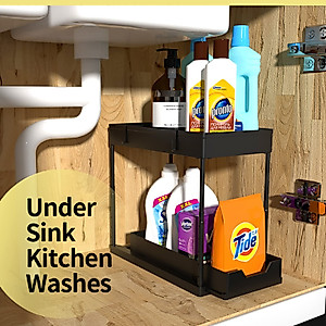 Yannimart Height Adjustable Under Sink Organizers and Storage for Bathroom and Kitchen Cabinet 2 Tier Under Sink Organizer with One Sliding as Home Kitchen Organization and Kitchen Must Haves