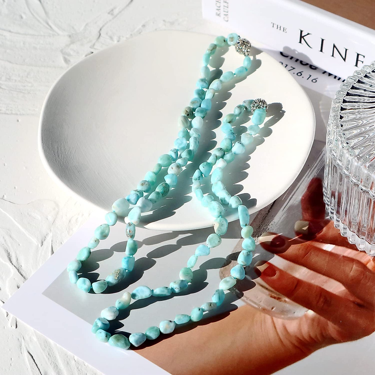 18" Natural Stone Larimar Beads Crystal Magnet Clasp Necklace