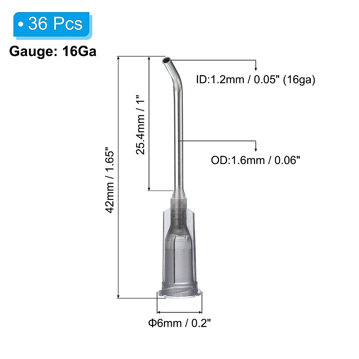PATIKIL 16Ga x 1 Inch Dispensing Needle Tips, 36Pcs Stainless Steel 45 Degrees Pre Bent Glue Needle Tube Blunt Tips with Luer Lock for Glue Oil Applicator, Grey