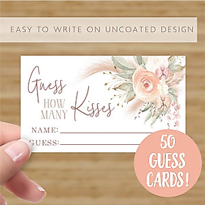 Your Main Event Prints Boho Pink Gold Pompas Grass How Many Kisses Game Sign and Cards Great For Bridal Showers and Weddings, Floral