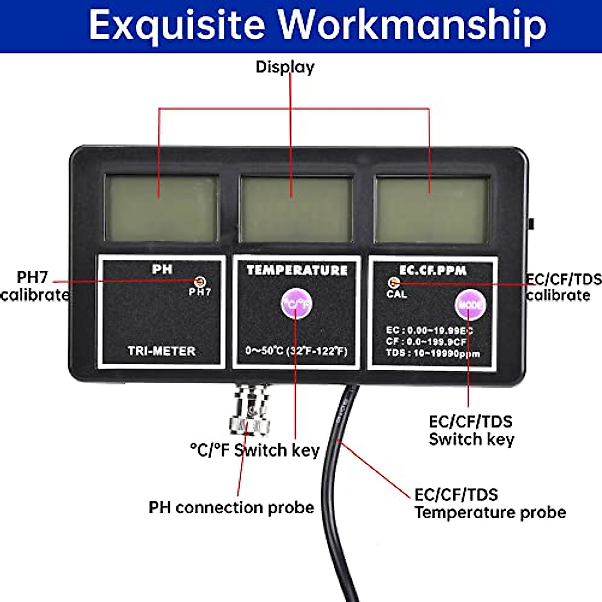 6-in-1 EC CF MV Water Quality Tester, -116 Water Quality Monitor Multi Parameter Meter for Aquariums Hydroponics (110V US Plug)