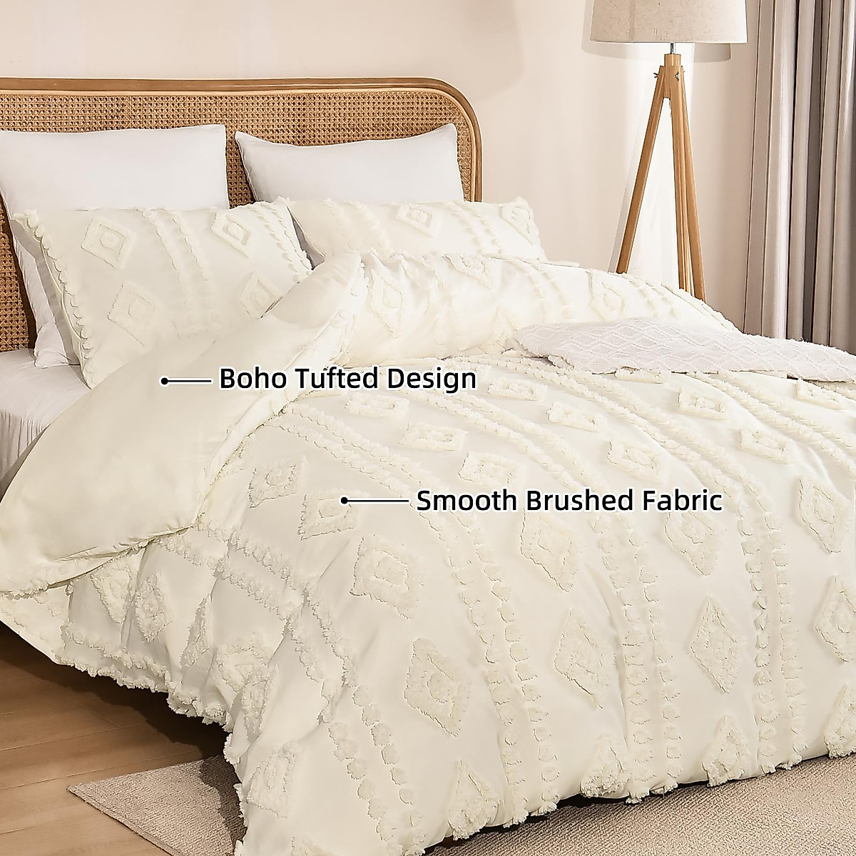 PHF Boho Duvet Cover Queen Size, Soft Tufted Duvet Cover Set for All Seasons, 3 Pieces Textured Shabby Chic Bedding Set with 2 Pillowcases, Snow White, 90" x 90"