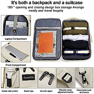 Asenlin 40L Travel Backpack for Women Men，17 Inch Laptop Backpack Flight Approved Luggage Carry On Water Resistant Computer Backpack for Weekender Overnight Large Daypack Beige