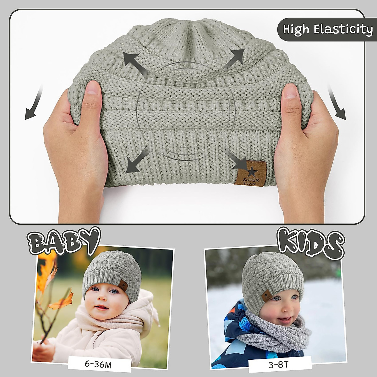 Durio Soft Warm Knitted Baby Hats Caps Cute Cozy Chunky Winter Infant Toddler Baby Beanies for Boys Girls 3 Pack Black & Light Grey & Navy