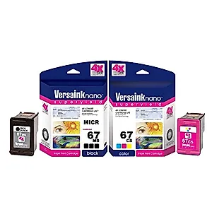 VersaInk-Nano HP 67 MS MICR Black Ink Cartridge for Check Printing & VersaInk-Nano 67 CS Tri-Color Ink Cartridge Pack