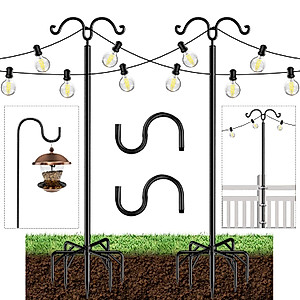 Outdoor String Light Pole 2 Pack, 7-Prong Backyard Steel Patio Light Poles with 2 Optional Hooks and Fence Brackets for Deck Garden Holiday Wedding