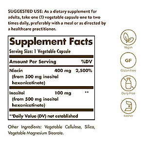 Solgar No-Flush Niacin 500 mg, 250 Vegetable Capsules - Cardiovascular Support - Supports Energy Metabolism - No-Flush Delivery - Vegan, Gluten Free, Dairy Free, Kosher - 250 Servings