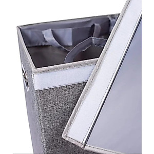 Double Laundry Hamper with Removable Lid and Two Removable Mesh Bags with Sturdy Construction in Elegant Gray Linen
