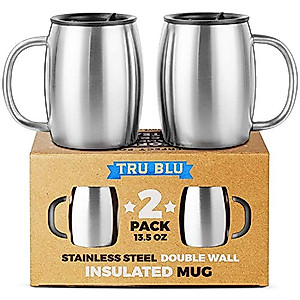 Stainless Steel Coffee Mug with Lid, Set of 2 - Premium Double Wall Insulated Travel Mugs - Shatterproof, BPA Free Spill Resistant Lids, Dishwasher Safe
