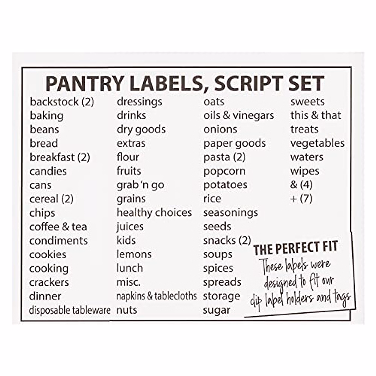 Set of 8 Wooden Clip On Pantry Label Holders for Storage Bins + 70 Preprinted White on Clear Script Stickers for Kitchen Organization, Baskets, Containers