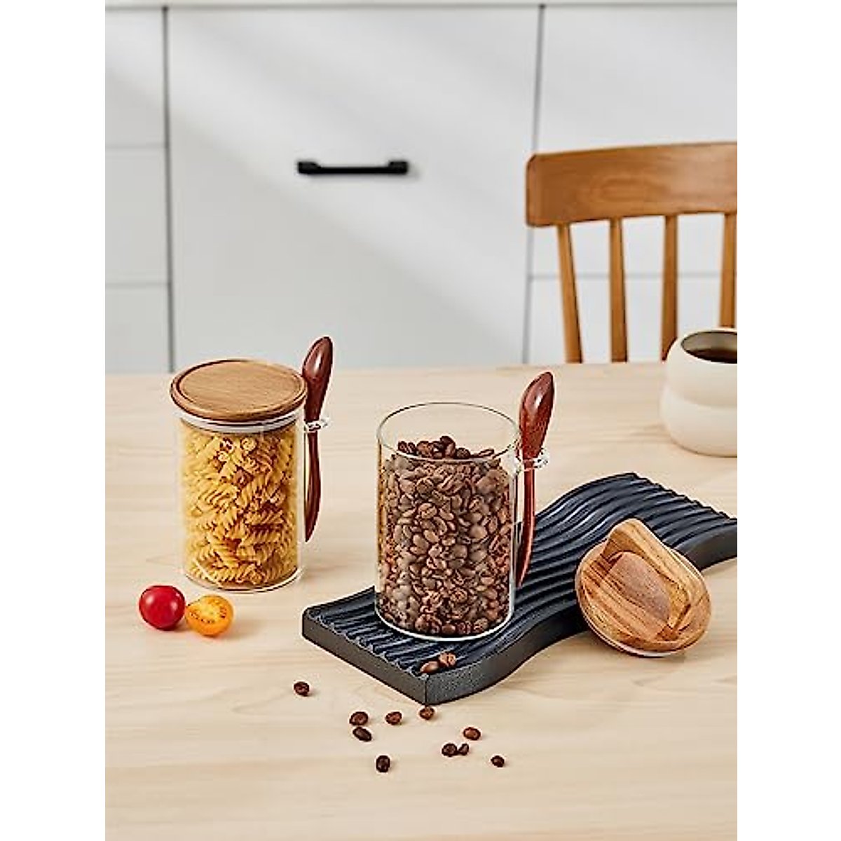 Sweejar Glass Jars with Bamboo Lids and Spoons, Overnight Oats Containers with Lids, Coffee Tea Sugar Yogurt Container Set, 17 ounces, Set of 4(Handle Lid)