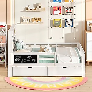 Giantex Full Bed with 2 Storage Drawers, Solid Wood Kids Bed Frame w/Bookcase Headboard & Blackboard, Full-Length Guardrails & Wooden Slats Support, Full Size Bed Frame for Kids Boys Girls, White