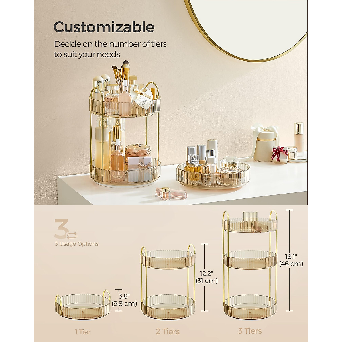 SONGMICS Makeup Organizer, 3-Tier Round Rotating Skincare Organizer Countertop, Customizable, Toiletries Vanity Organizer, Lazy Susan, Gift, Champagne Gold UJKA011A01