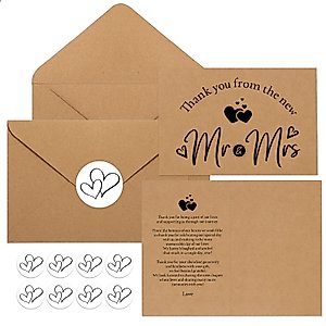 Spakon 100 Sets Wedding Thank You Cards with Envelopes and Stickers Wedding Themed Kraft Paper Thank You Card with Message Inside Mr and Mrs Thank You Notes for Bridal Shower Anniversary Guests