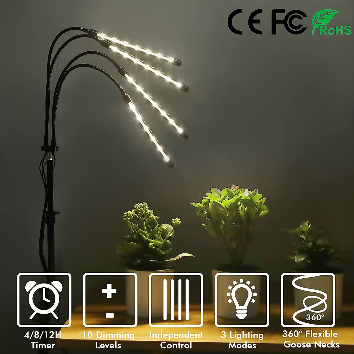 Felibeaco Plant Grow Light with Adjustable Tripod Stand (14"-63"), 4 Head Floor LED Grow Lamp for Indoor Plants with Dual Controllers,100W Full Spectrum Plant Lights with Timer, 10 Brightness