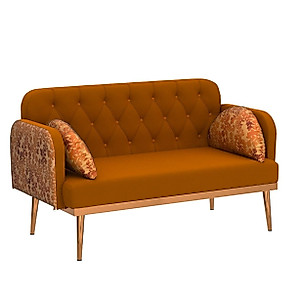 55-inch Small Velvet Couch with Elegant Moon Shape Pillows, Twin Size Loveseat Accent Sofa with Golden Metal Legs, Living Room Sofa with Tufted Backrest, 600 Pounds Weight Capacity, Orange