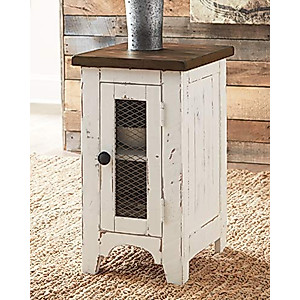 Signature Design by Ashley Wystfield Farmhouse Square Storage Coffee Table with Hinged Lift Top, Distressed White and Chair Side End Table with Cabinet Door for Storage, White & Brown