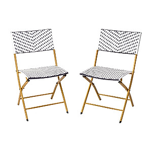 EMMA + OLIVER Ciel Two Piece Folding Bistro Chairs - Navy and White PE Rattan - Natural Finish Metal Frames - Indoor/Outdoor Use