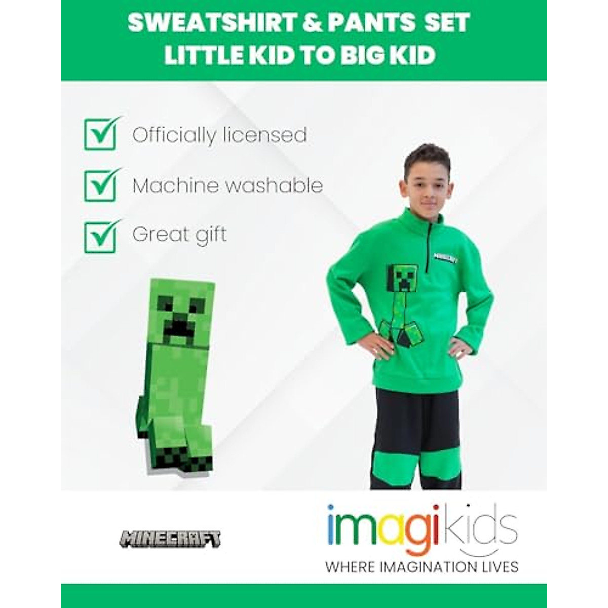 Minecraft Creeper Little Boys Fleece Half Zip Sweatshirt & Pants Set Green 7-8