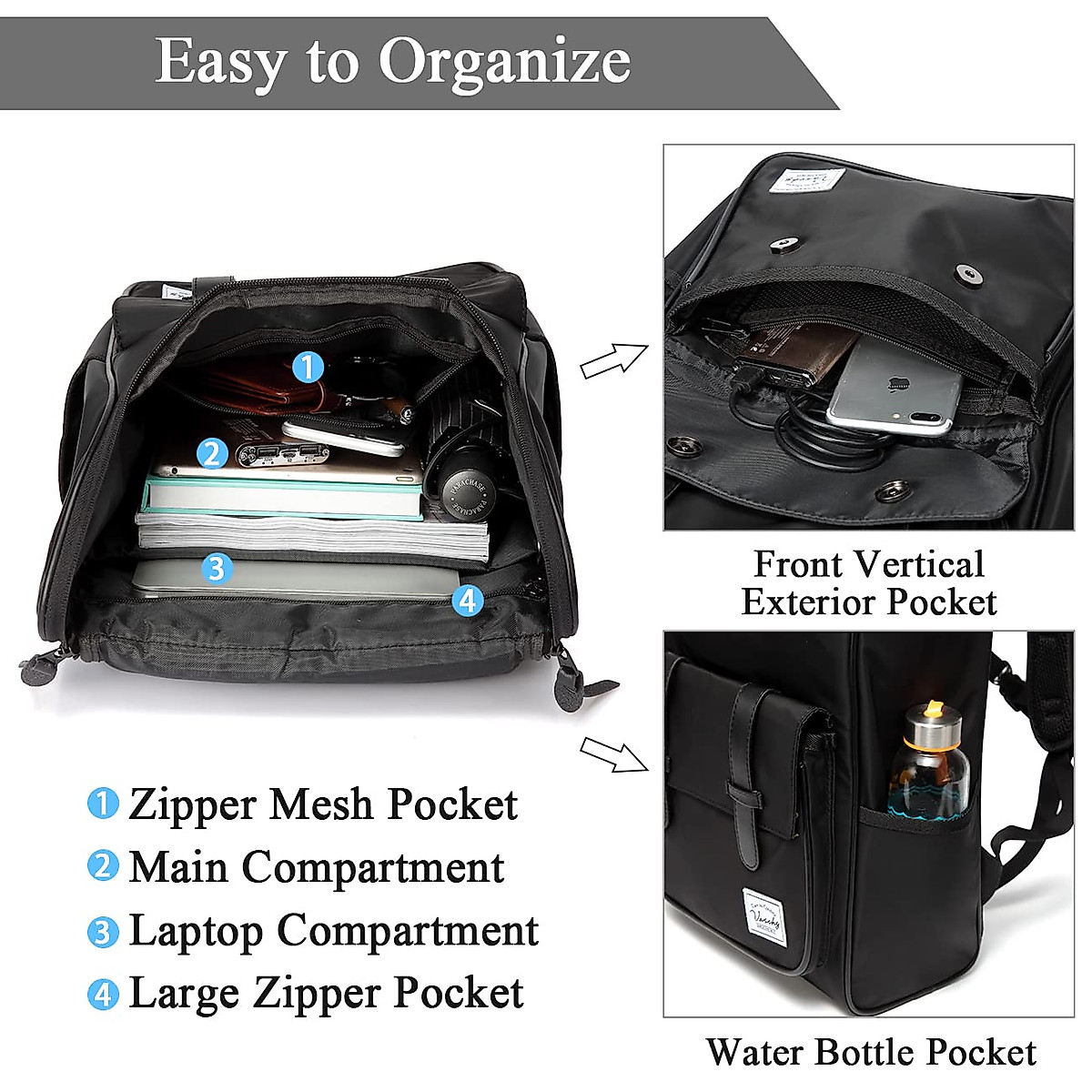 VASCHY Backpack for men, Vintage Water Resistant Daypack Rucksack College School Backpack with Padded 15.6 inch Laptop Compartment