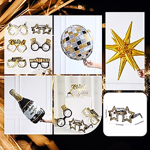 Enanal New Year Decoration, 2024 New Year Eve Black and Gold Foil Fringe Backdrop,Happy New Year Banner,Disco Ball Champagne Exploding Star Foil Balloons,Latex Balloons and Glasses