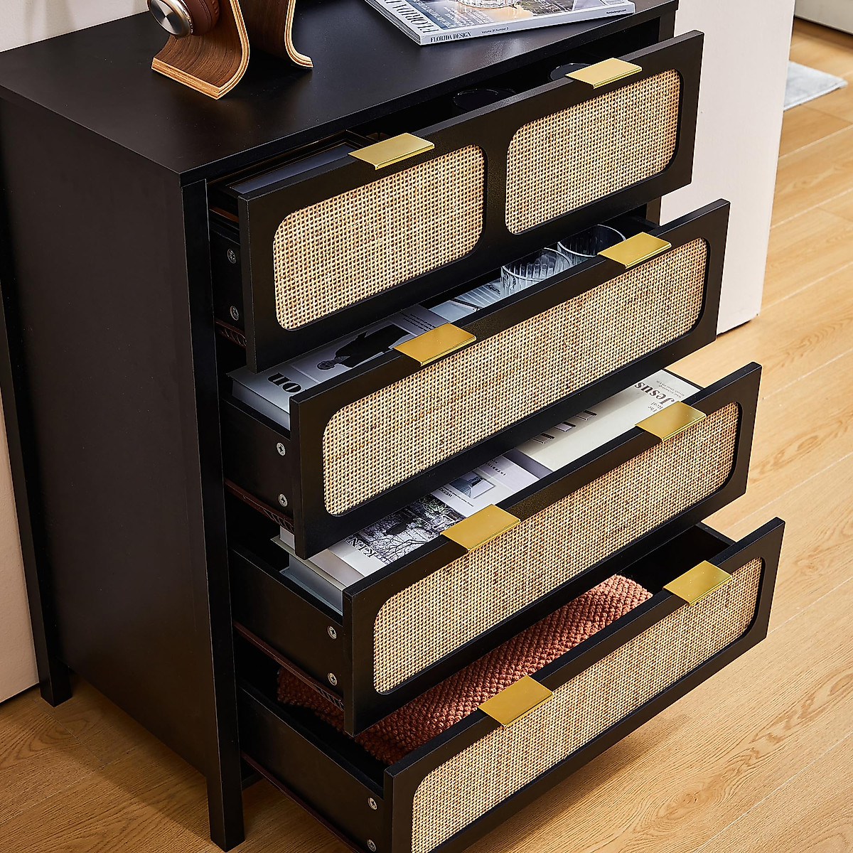 QEIUZON 4 Drawer Dresser, Modern Rattan Dresser Chest with Wide Drawers and Metal Handles, Farmhouse Wood Storage Chest of Drawers for Bedroom, Living Room, Hallway, Entryway (Black-4 Drawers-2 Packs)