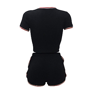 Olinase Womens Summer Sports Short Sleeve Outfit Tracksuit Shirt & Shorts Sportswear Set Activewear Black