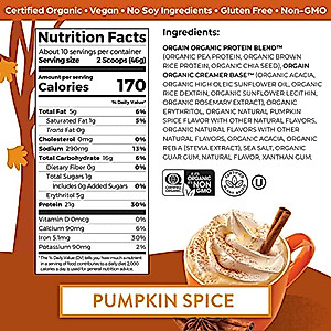 Orgain Organic Vegan Protein Powder, Pumpkin Spice - 21g of Plant Based Protein, Non Dairy, Gluten Free, 1g of Sugar, Soy Free, Kosher, Non-GMO, 1.02 Lb (Packaging May Vary)