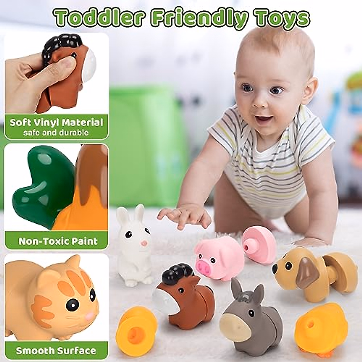 Farm Animal Learning Toys for Toddlers Age 1, 2, 3 Year Old, 10 Pack Montessori Matching Fine Motor Toys, Birthday for Baby Boys & Girls 12-18 Months+