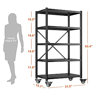 REIBII Storage Shelves with Wheels 5 Tier Metal Shelves for Storage Adjustable Metal Shelving with Wheels Portable Shelves Organizer Rack for Garage Kitchen Basement Pantry 65.5"H × 31.5"W × 15.5"D