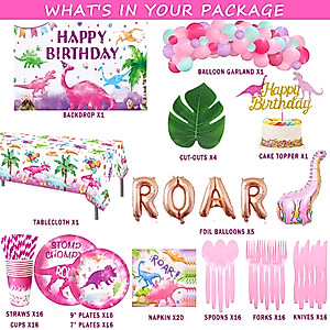 199 Pcs Dinosaur Party Supplies Girl, Hombae Pink Dinosaur Birthday Decorations Backdrop Balloon Garland Artificial Leaves Tablecloth Cake Topper Plate Napkin Cup Straw Knife Spoon Fork Pink