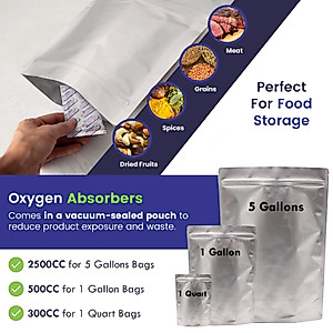 Opalpros 60 pcs Gusseted 14 Mil Mylar Bags for Food Storage with oxygen absorbers - 5 Gallon (10), 1 Gallon (20), Quart (30), with 2500cc, 500cc & 300cc OA Resealable Mylar Bags + Colorful labels