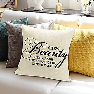 Farmhouse Pillow Covers 18x18 She's Beauty,She's Grage She'll Peck You in The Face Cotton Linen Throw Pillow Covers Decorative Home Decor Square She's Beauty Cushion Case for Couch