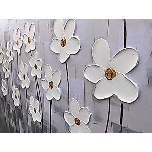 Yihui Arts Canvas Wall Art Grey and White Flowers Pictures Blossom Modern Floral Pallet Knife Painting Framed for Bedroom Kitchen Dinning Room Living Room Office Home Decor