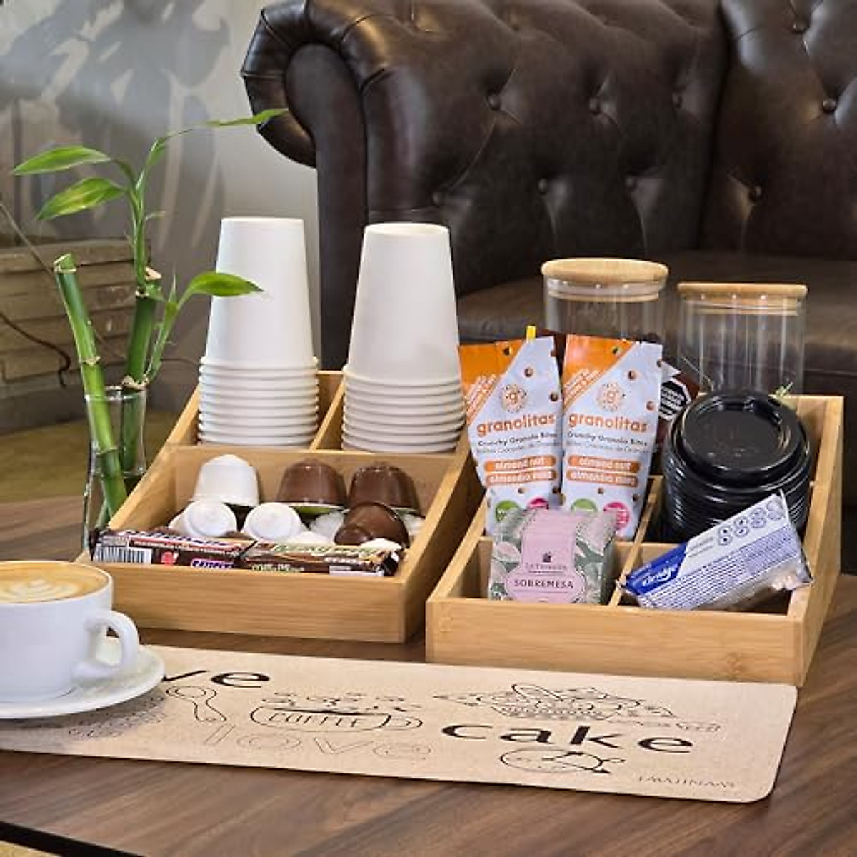 IMAJINAAR Large Capacity Coffee Pod Organizer for K Cups, Tea Bags & Snacks | Bamboo Coffee Station & Condiment Organizer with Spill-Resistant Mat (17.7''x11.8'')