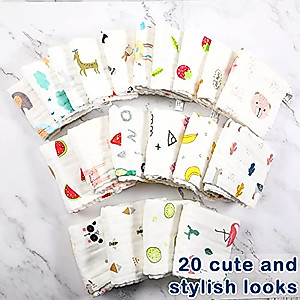 Kenning 20 Pack Muslin Baby Burp Cloths Large 20 x 10 Inches and 10 x 10 Inch Cotton Baby Burp Rags Cute Baby Towel and Washcloths Face Towels 6 Layers Absorbent for Baby Infant Shower, 20 Styles