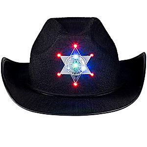 Black Sheriff Hat for Kids Boys and Girls - Light Up Cowboy Hat with Sheriff Blinking Badge and Draw String for Dress-Up and Play Costume Parties