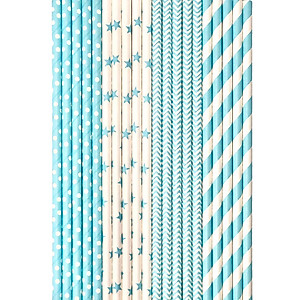 Naturalik 100-Pack Light Blue Biodegradable Paper Straws- Extra Durable- Baby Shower decorations for boy, gender reveal party supplies, birthday party straws, Blue Paper Straws