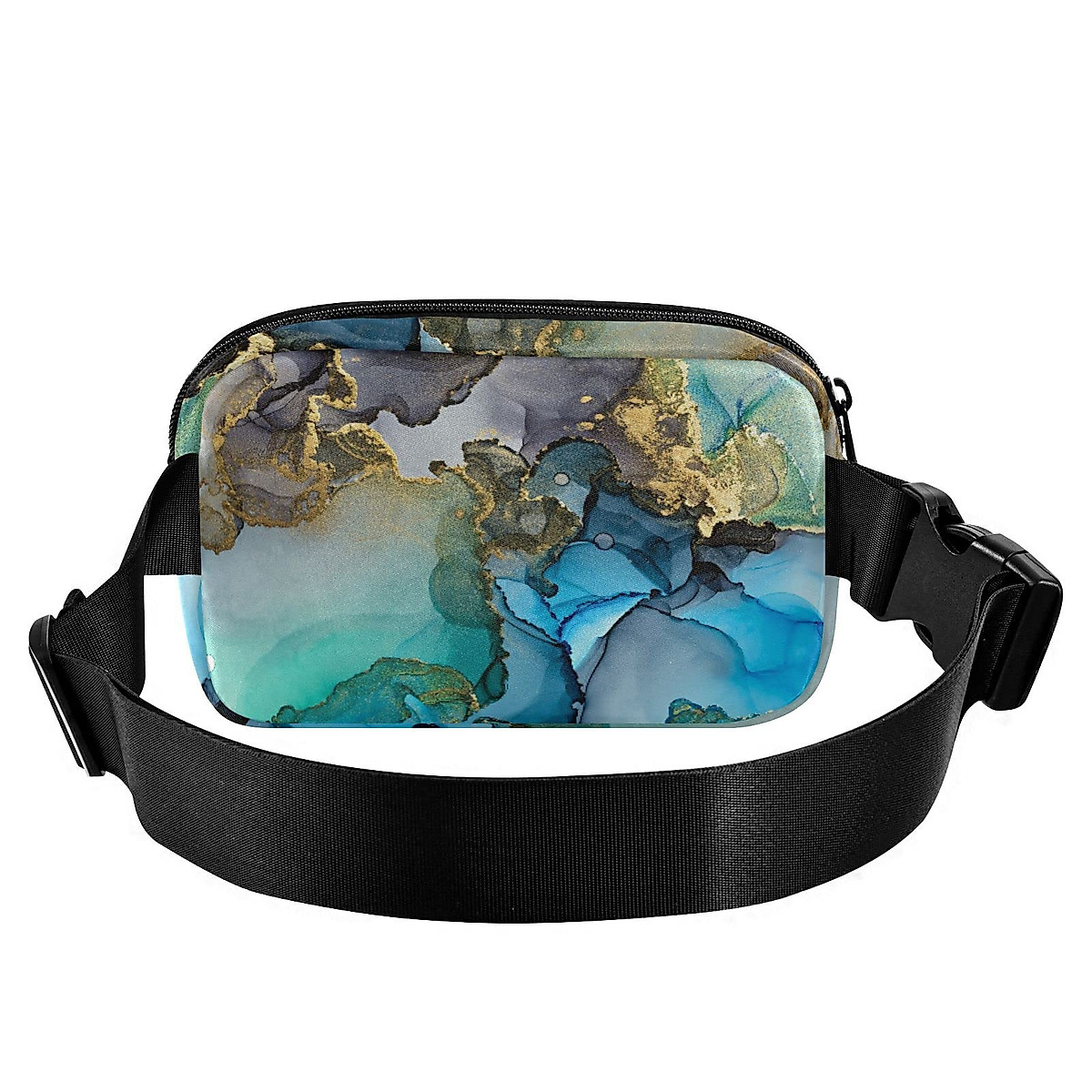 Mixed Blue, Grey, Golden Alcohol Ink Abstract Marble Texture Adjustable Belt Running Bag, Crossbody Fanny Pack Waist Runners Bag Tote for Women Men Sports Hiking Fitness Exercise Gym Pouch