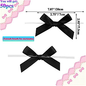 50 Pack Black Satin Ribbon Twist Tie Bows for Treat Bags, Gift Bags, Bakery Candy Bags and Package Decorating Ribbon Bow, Bowknot for Gifts