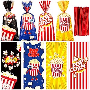 Teling 100 Pcs Popcorn Bags for Party, Popcorn Treat Bags Set, 100 Pcs Candy Bags Red White Stripe Cookie Snacks Bags with 150 Red Twist Ties for Christmas Carnival Birthday Party Favor (Cute Style)