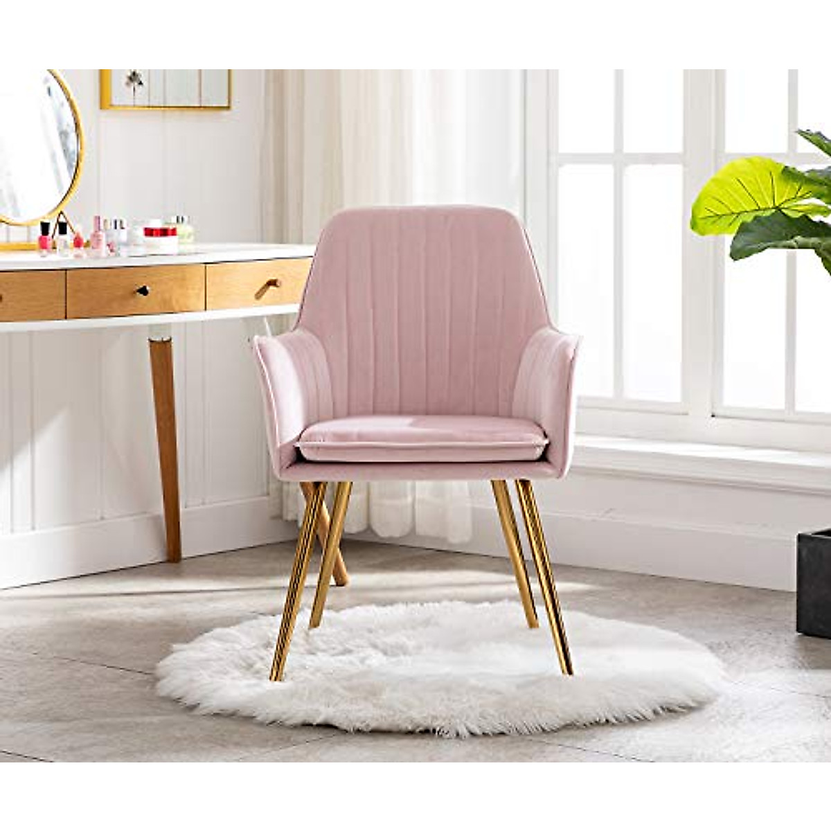 Artechworks Accent Living Dining Room Velvet Arm Chair Club Leisure Guest Lounge Bedroom Upholstered Chair with Gold Metal Legs, Pink