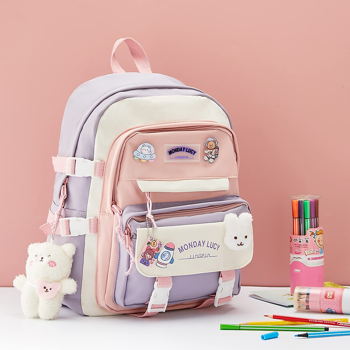Kawaii Backpack For School Cute Aesthetic Kids Elementary Kindergarten With Kawaii Pin And Accessories Chains Mochilas Escolares Para Niñas Toddler Backpack For Girls, Purple