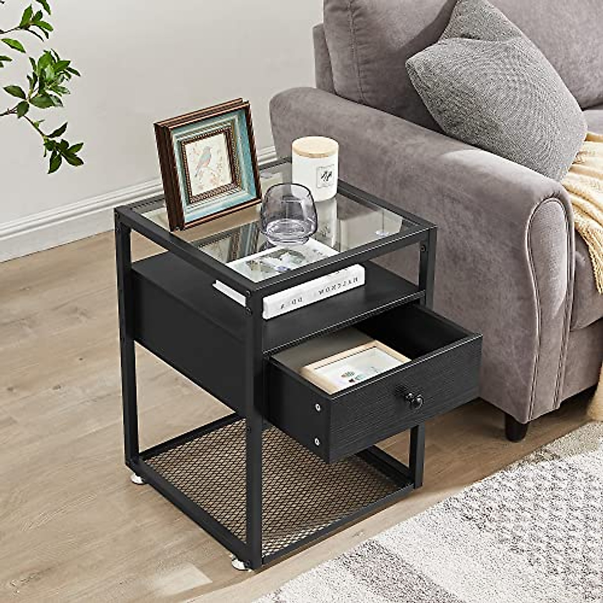 VECELO Bedside End Table, Modern Nightstand with Drawer, Night Stand for Living Room Bedroom, Tempered Glass, Black