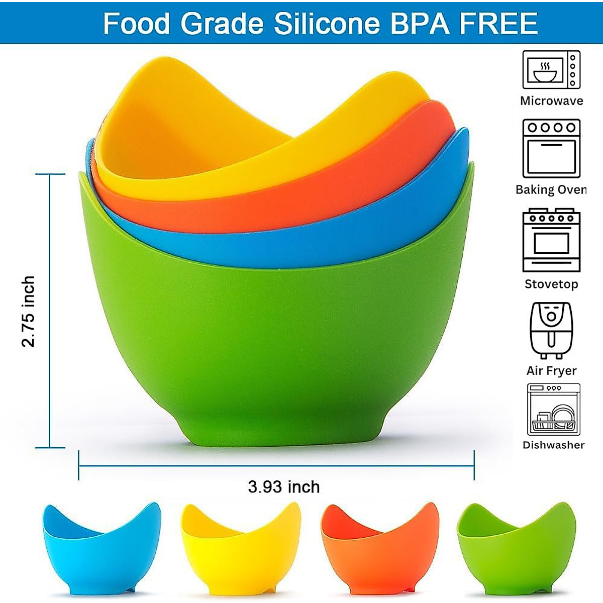 Egg Poacher, 4 Pack Egg Boiler Mold Cup, Poached Egg Cups with Ring Standers, Silicone Egg Poacher Cooker for Microwave Stovetop Air Fryer, with Extra Oil Brush, BPA Free