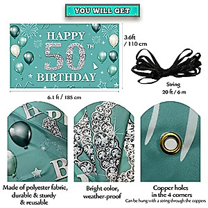 50th Birthday Decoration Backdrop Banner, Teal Silver Happy 50th Birthday Decorations for Women, Turquoise 50 Year Old Birthday Party Photo Booth Props Supplies for Outdoor Indoor, Fabric Vicycaty