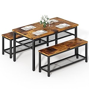 Lamerge 3-Piece Dining Table Set, Rustic Dining Table with Storage, Kitchen Table and Chairs Set for 4, Dining Table Set with 2 Benches, Industrial Dining Table Set for Dining Room, Kitchen