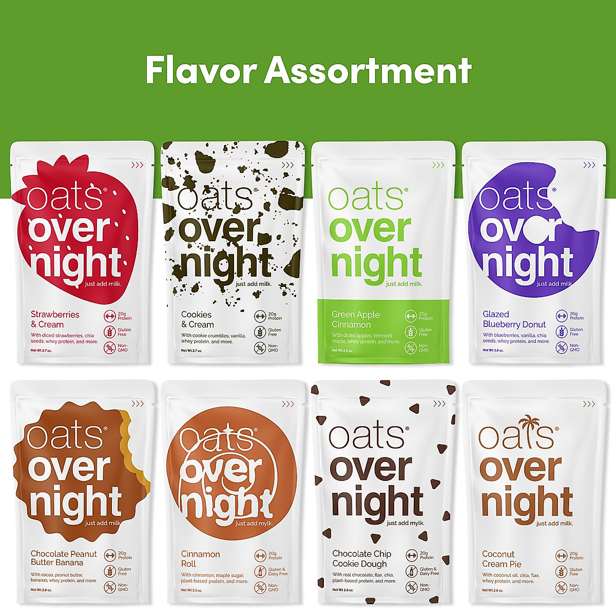 Oats Overnight - Party Variety Pack (8 Meals PLUS BlenderBottle ) High Protein, Low Sugar Breakfast Shake - Gluten Free, Non GMO Oatmeal (2.7oz per meal) Strawberries & Cream, Green Apple Cinnamon & More.