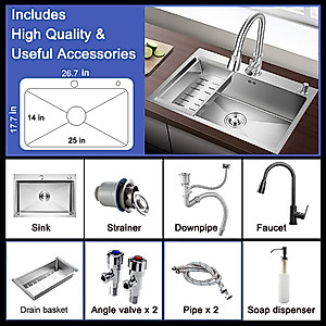 25" Drop-In or Undermount Single Bowl Kitchen Sink/Bar Sink with Pull-Down Faucet, Soap Dispenser, Drain Basket, Made of Stainless Steel (Steel)