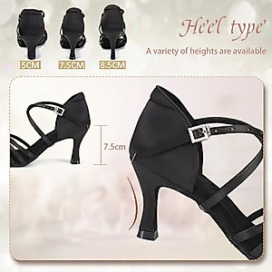 JUODVMP Women's Latin Dance Shoes Black Satin Open Toe 3 inch Heel Ballroom Salsa Dance Sandals with Suede Sole,8US